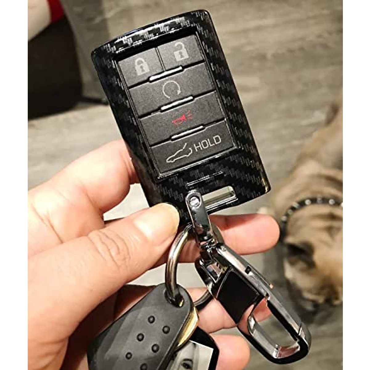 iJDMTOY Glossy Black Carbon Fiber Finish Exact Fit Key Fob Shell Cover w/Keychain Compatible with Cadillac ATS CTS DTS XTS SRX STS Escalade or Chevrolet C7 Corvette, etc