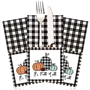 Whaline 36Pcs Fall Thanksgiving Utensil Cutlery Holders Buffalo Plaids Pumpkin Knife Forks Silverware Paper Pouch Bags Autumn Harvest Cutlery Wraps Tableware Holder for Dinner Table Setting Decor