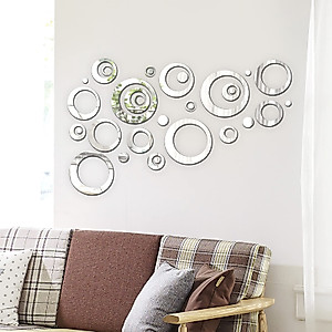 32 Pieces Removable Circle Wall Mirror Sticker Round Decal Acrylic Setting for Home Living Room Bedroom Decor, 1.5-13.5 cm(Silver)