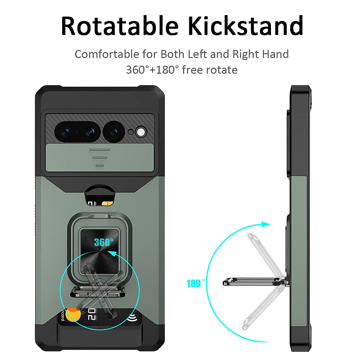 Nvollnoe Google Pixel 7 Pro Case with Sliding Camera Cover, Magnetic Kickstand, Heavy Duty Protective Case, Card Holder, Textured Finish, Green