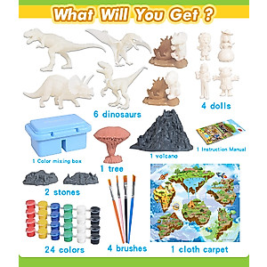 45 Pcs Dinosaur Painting Kit Toys for Kids Arts and Crafts Kit - Paint Your Own Dinosaur Toy Party Supplies Toy Dinosaur Figures W/Play Mat, Kid Paint Dino Toy Set Creativity Gift for Girl Boy Age 3+