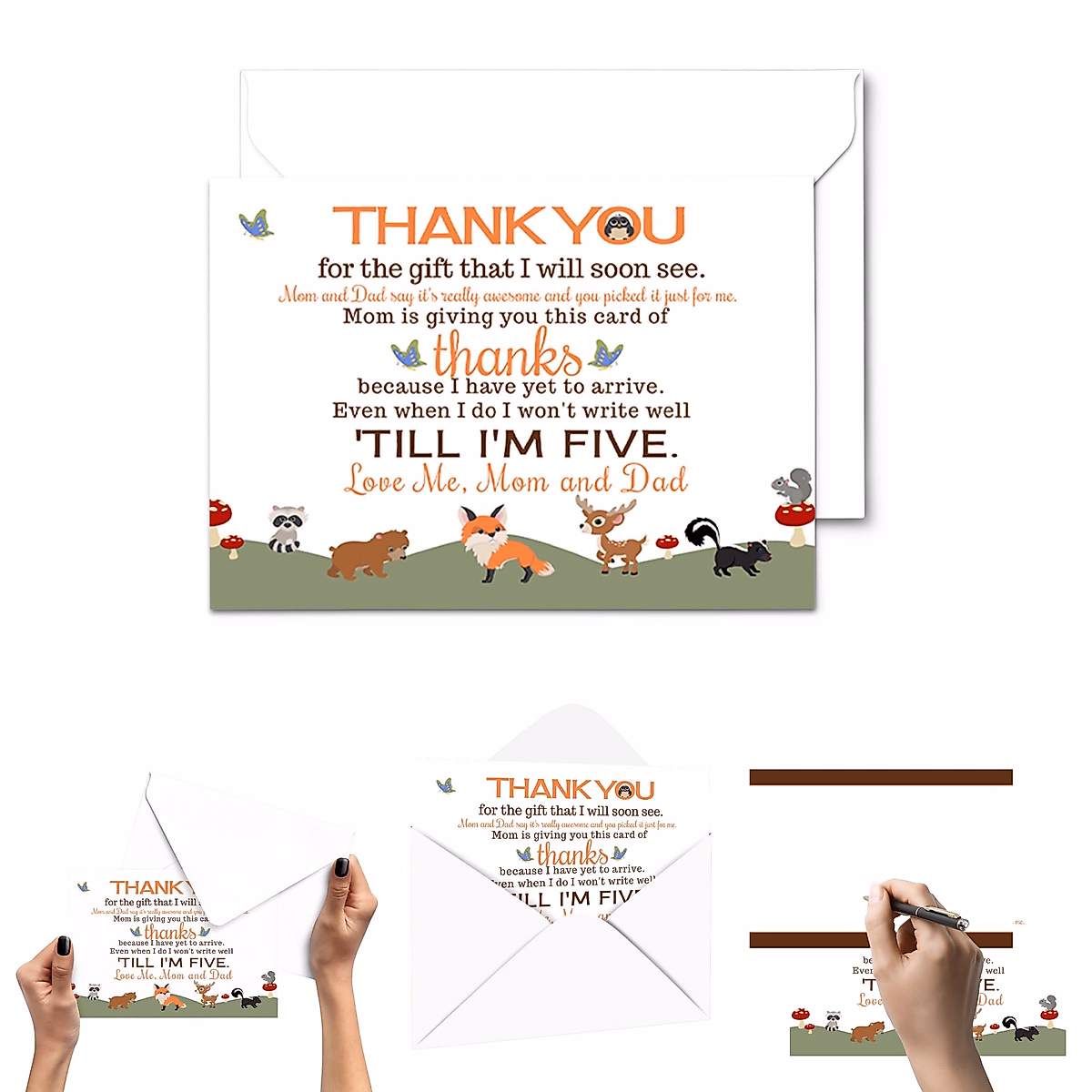 Woodland Baby Shower Thank You Cards and Envelopes – 25 Pack, Rustic Forest Animals Orange Notes Set, Prefilled Message, Customizable Blank Stationery, Gender Neutral, New Parents Gift Ideas