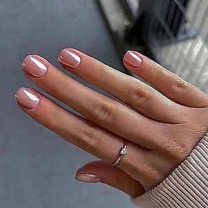 Extra Short Press on Nails Square Fake Nails with Chrome Designs Glossy Nude False Nails Mirror Glue on Acrylic Nails for Women Girls