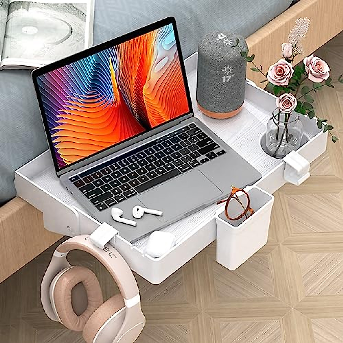 Ronlap Folding Bedside Shelf, Bunk Bed Shelf Organizer for Top Bunk Clip On Nightstand for Loft Bed Plastic Bedside Shelf Tray for Kids with Cupholder Hooks Hanging Cup, Plus Size, White