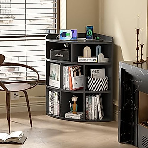 VECELO Corner Storage Cabinet with Charging Station, 3-Tier Cube Shelf Organizers with USB Ports and Outlets, Triangle Corner Bookcases with 8 Cubbies for Bedroom, Living Room, Playroom Office, Black