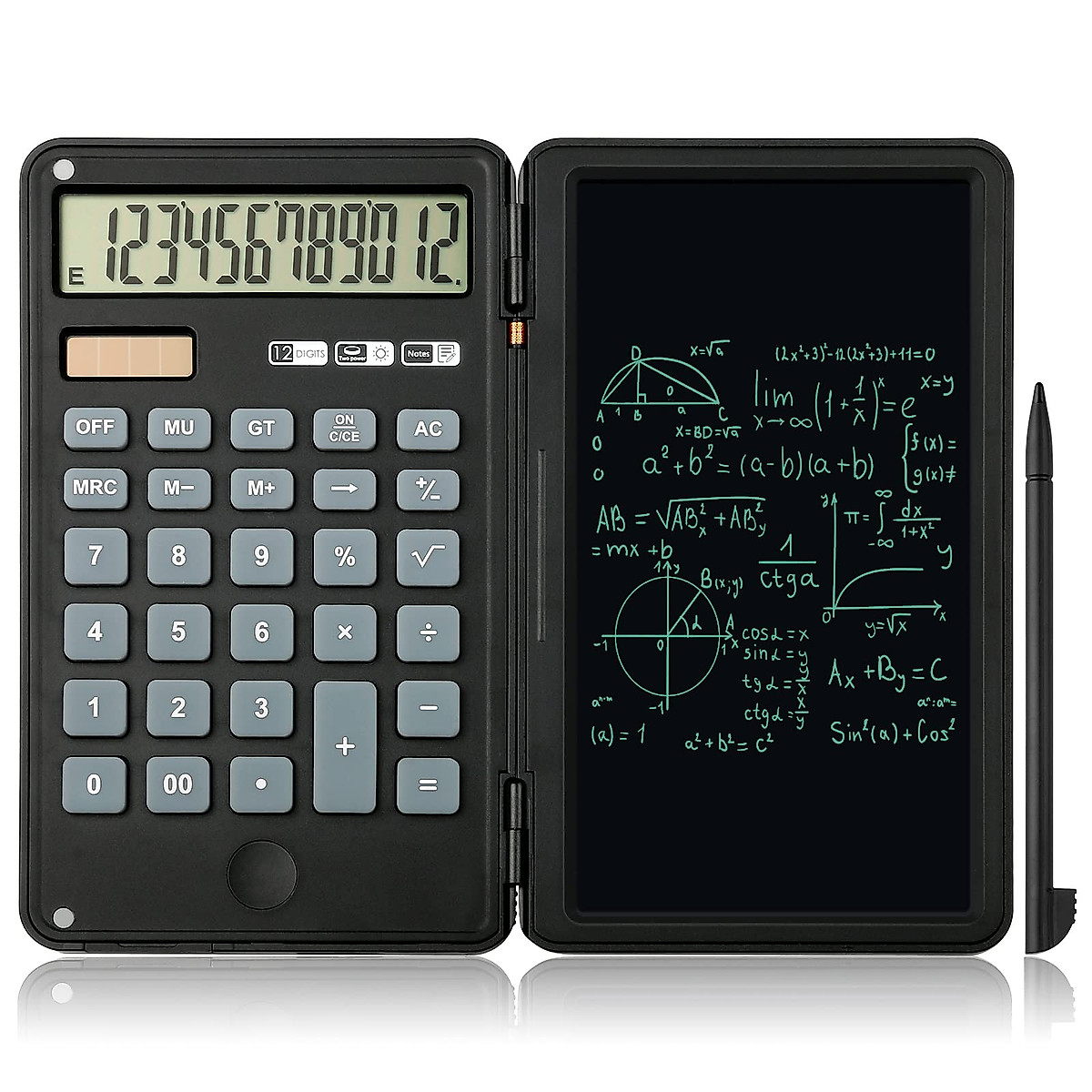 Basic Calculator, 12-Digit Premium Mute Desktop Calculators with 6 inch Writing Tablet, Solar and Battery Dual Power for Office, School, Business