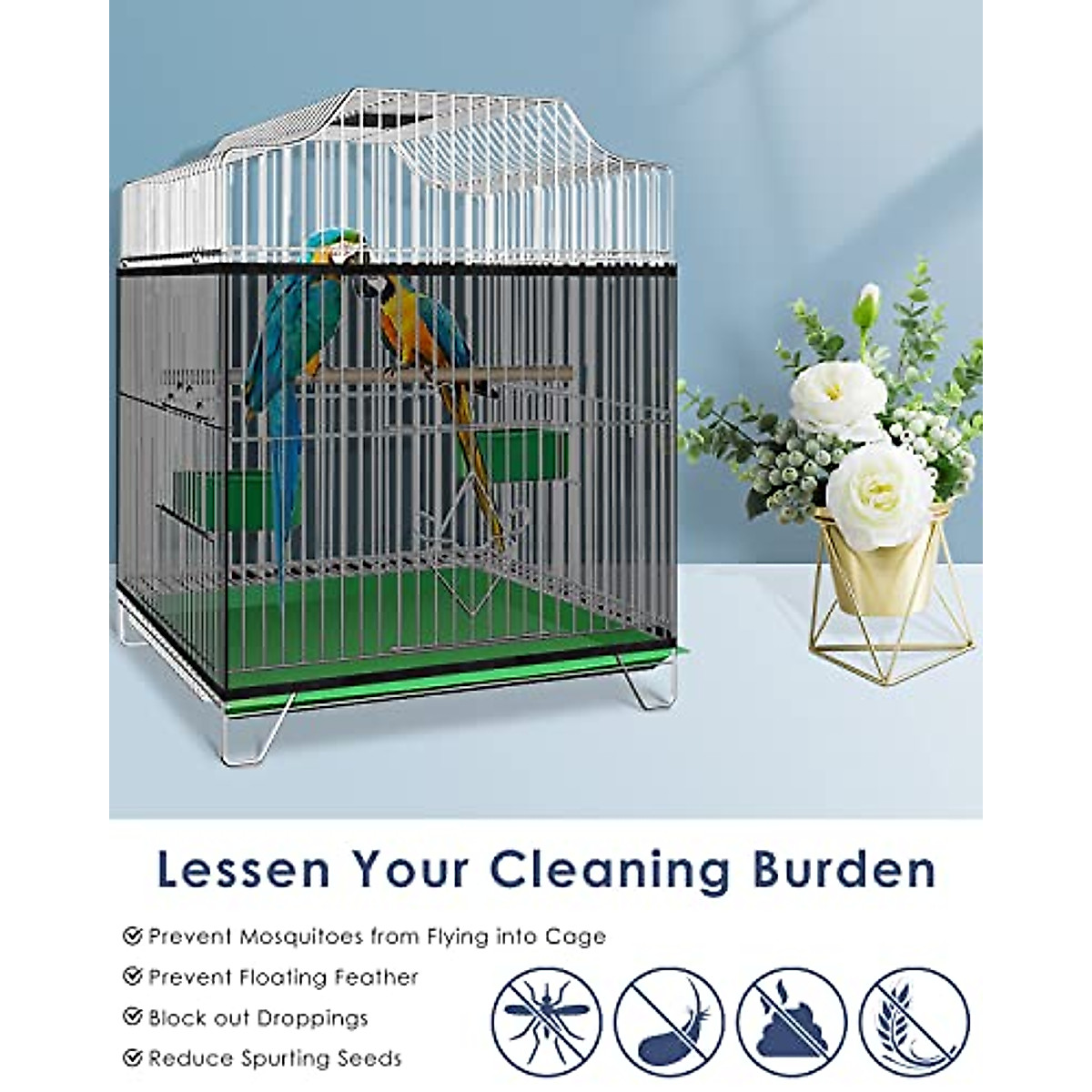 Bissap Bird Cage Seed Catcher, Universal Birdcage Net Nylon Adjustable Elastic Band Stretchy Skirts Mesh Cover for Parrot Cage Seed Guard (Not Include Birdcage)- Black