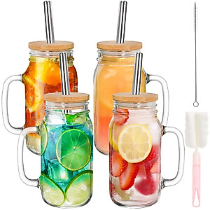 Tebery 4 Pack Mason Jar Cups with Bamboo Lids and Stainless Steel Straws, 24Oz Old Fashioned Drinking Jars Glass Bottles with Handle, Reusable Boba Cups for Iced Coffee Pearl Juices Cocktail