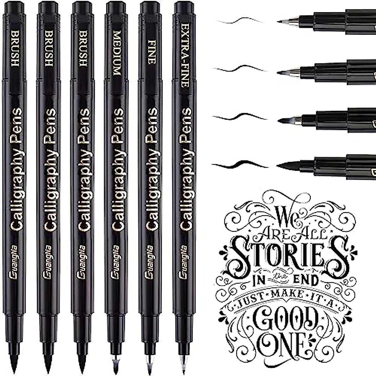 SAYEEC Calligraphy Brush Pens, Refillable Hand Lettering Pen, Black Ink Calligraphy Brush Markers Set for Beginners Writing Journaling Sketching Art Drawing Illustration Scrapbooking (4 Size, 6 Pack)
