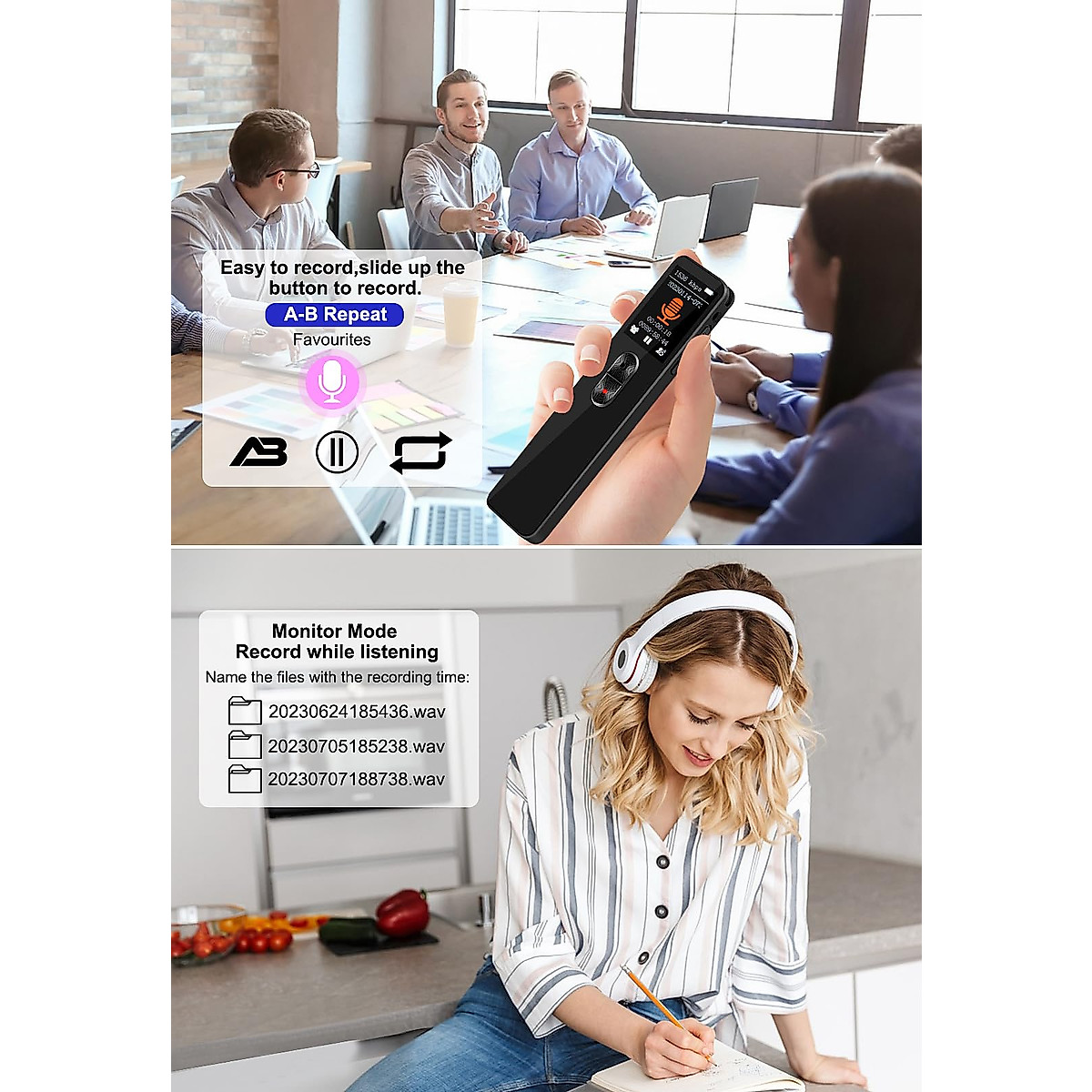 64GB Digital Voice Recorder, 3072KBPS Voice Activated Recorder One-Touch Recording with Playback, Noise Cancellation with Password, Bluetooth, Dictaphone Recorder for Lectures, Meetings, Interviews