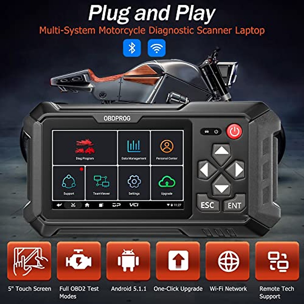 Motorcycle Diagnostic Scan Tool, OBDPROG Moto 100 Full System Scanner for Harley Honda Yamaha Victory Indian Polaris Brp, Engine ABS TPMS Auto Scan Code Reader, Oil Light Reset, 5.0 Touch Screen