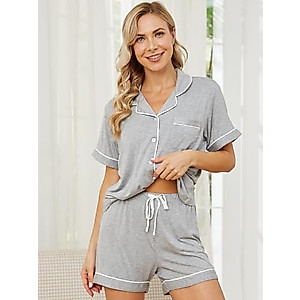 Yoolfine Womens Pajama Sets Short Sleeve Sleepwear Soft Button Down Nightwear Lounge Pj Set,Medium,Grey
