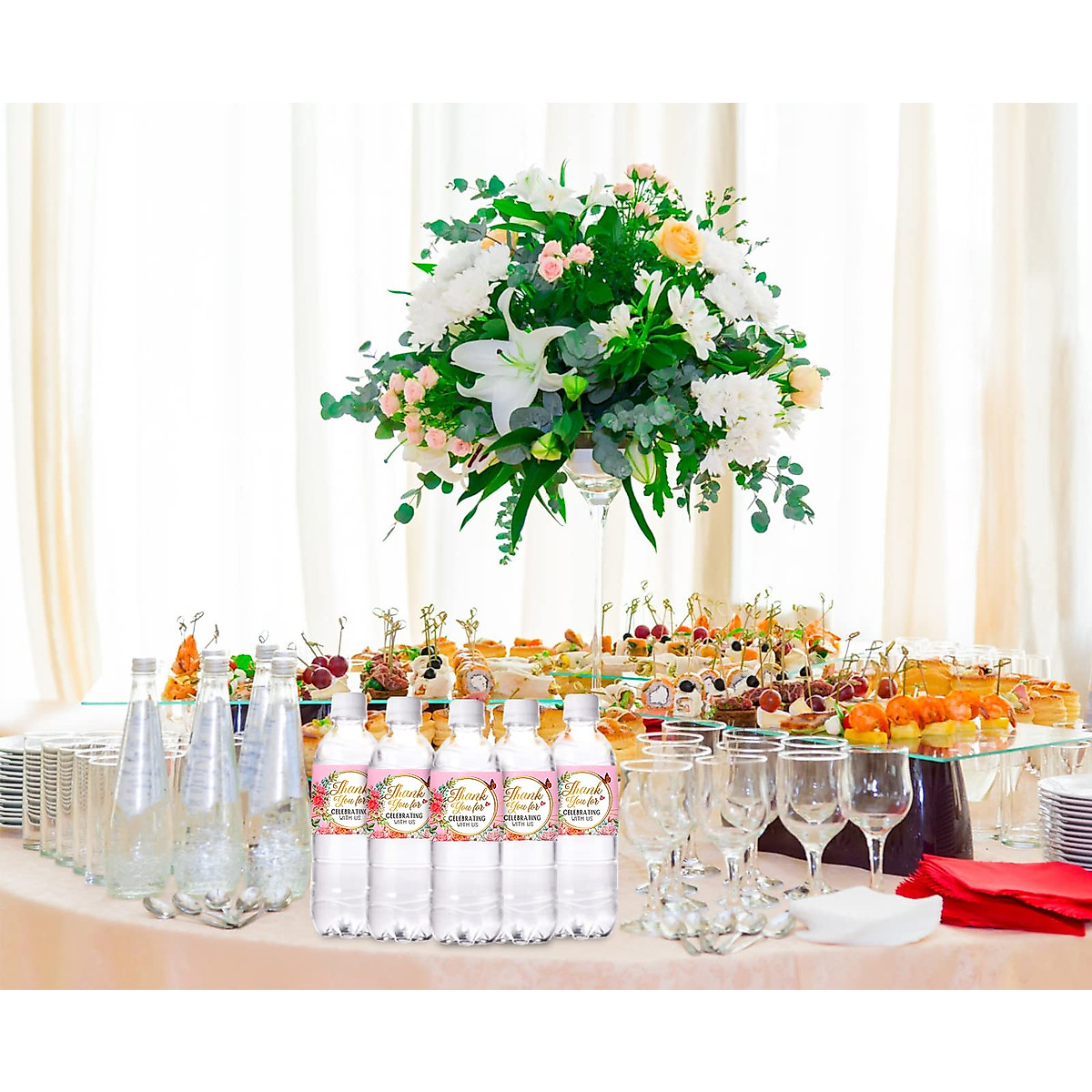 WaaHome Thank You for Celebrating with Us Water Bottle Labels Decorations, 24pcs Waterproof Pink Flower Bottle Labels Stickers for Wedding Baby Shower Bridal Shower Holiday Party Favors Supplies