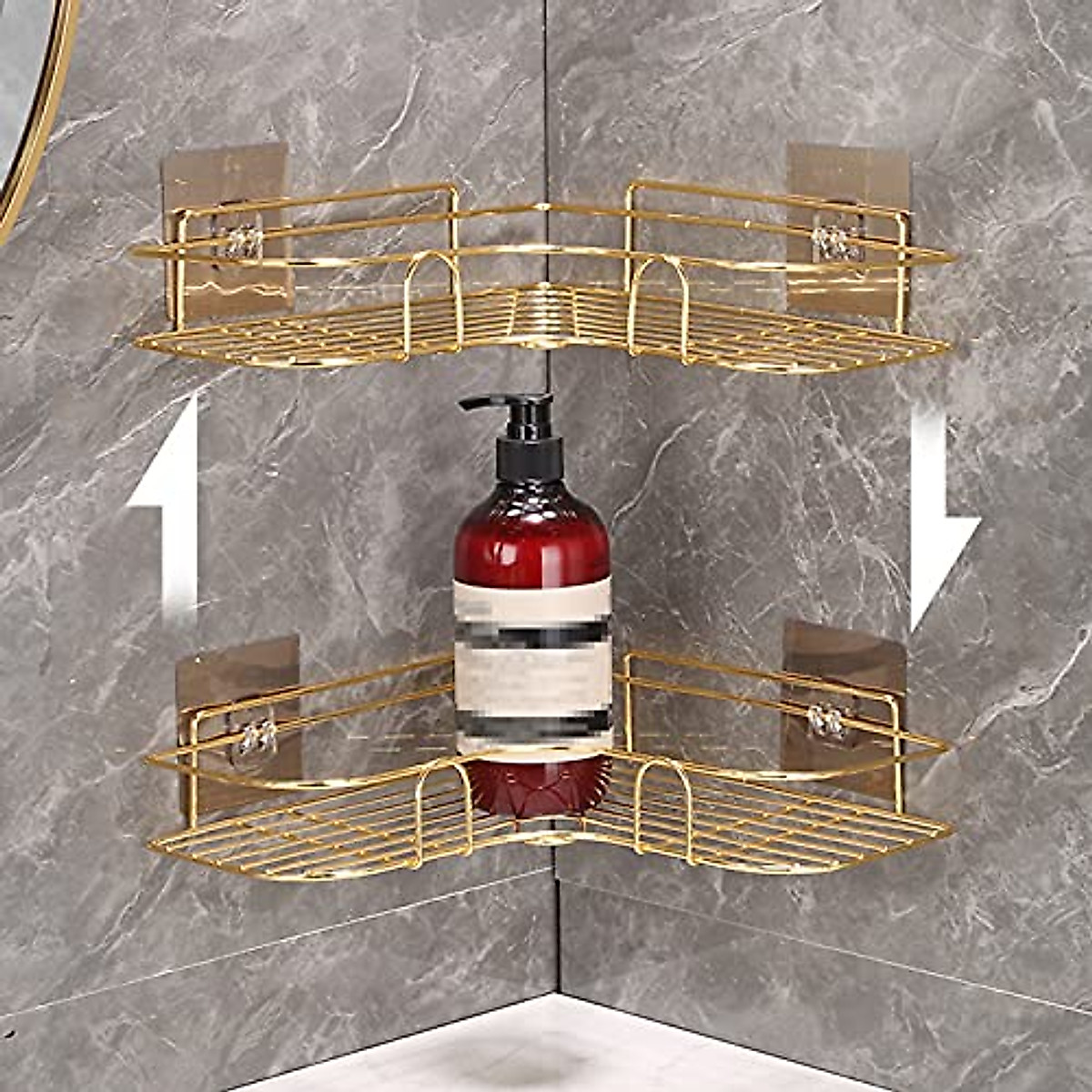 YZPFSD 2-Pack Shower Caddy Shelf, Suction Tray, Steel Storage Organizer for Bathroom,Kitchen,Laundry - Razor,Shampoo Holder Organizer,No Drilling Adhesive Only for 90 Degrees Right Angle,Gold