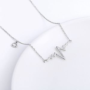 Heartbeat Necklace 925 Sterling Silver Cute Cardiogram Life Line EKG ECG Heartbeat Necklace for Women Teen Girlfriend Wife Nurse Doctor, 18 inch