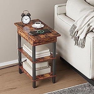 VIMBER End Table with Charging Station, Narrow Side Table with USB Ports and Outlets, Flip Top Bedside Table/Nightstand/Sofa Couch Table for Small Spaces, Living Room, Bedroom, Rustic Brown