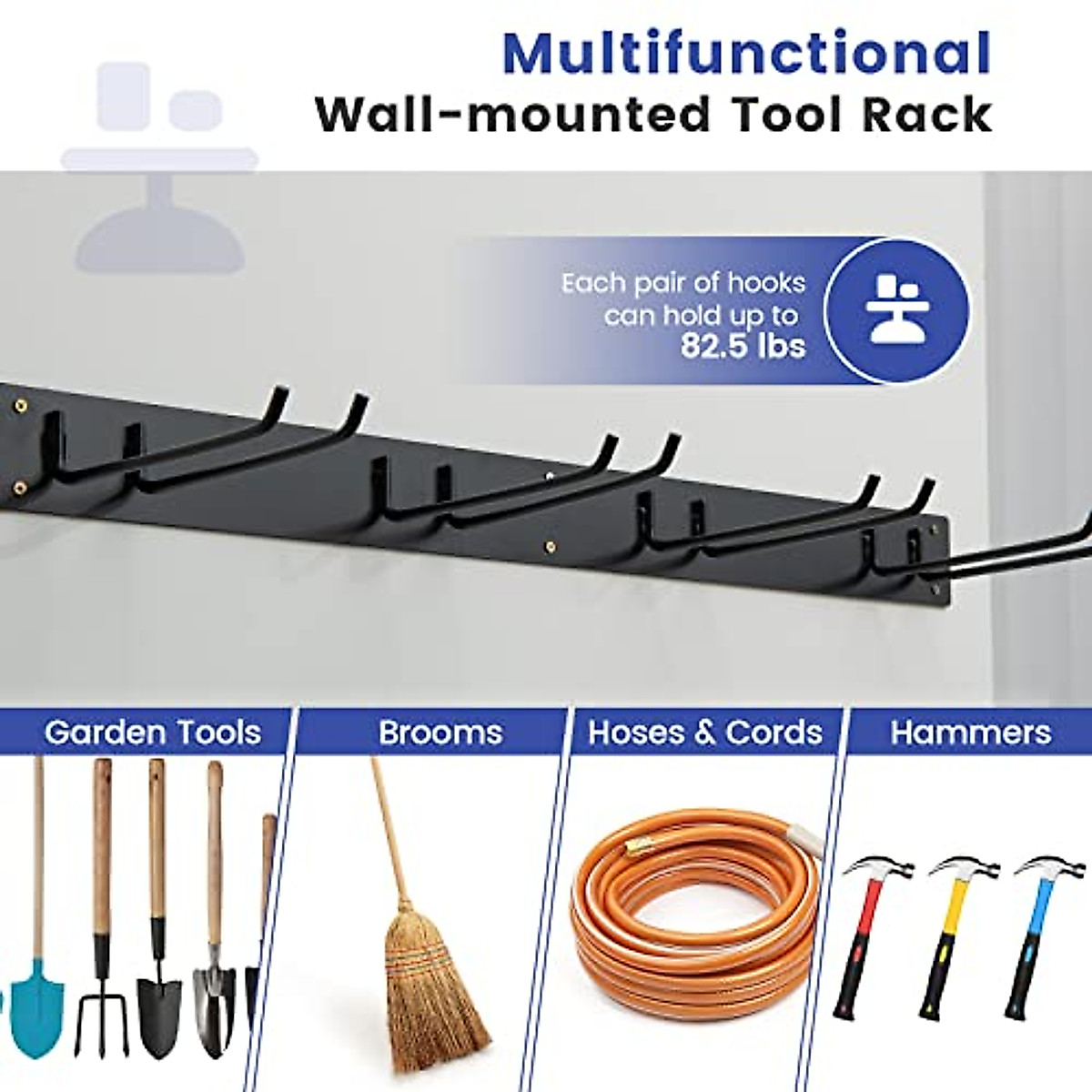 Safstar 36" Tool Storage Rack Clearance, Wall-mounted Garage Tool Organizer with 4 Double Hooks & Rustproof Finish, Heavy Duty Metal Tool Holder for Home Garden Garage Workshop, 328 lbs Load Capacity