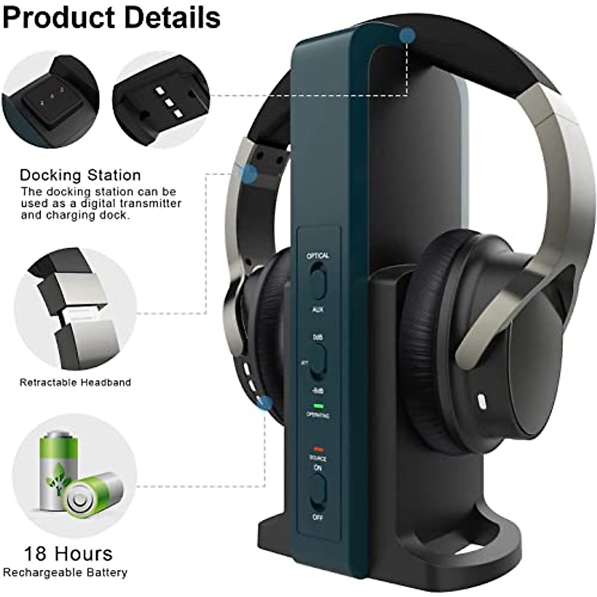 Caymuller Wireless Headphones for TV Watching with 2.4G Digital RF Transmitter Charging Dock Hi-Fi Soft Over-Ear Headset Ideal for Seniors or own Zone, Easy Plug and Play 160ft Range No Audio Delay