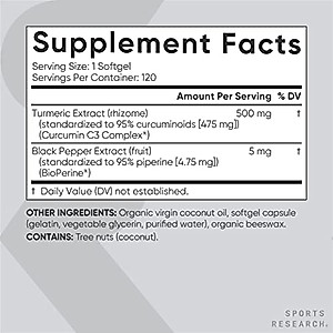 Sports Research Turmeric Curcumin C3 Complex 500 mg, Enhanced with Black Pepper and Organic Coconut Oil for Better Absorption; Non-GMO and Gluten Free - Standardized 95% Curcuminoids (120 Softgels)