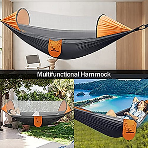 Outerman Camping Hammock with Mosquito Net, Portable Single Hammock with Tree Straps, Easy Setup, Lightweight Nylon Parachute Hammocks for Indoor, Outdoor, Backpacking, Travel, Patio, Hiking (Gray)
