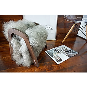 MILABERT Oak Wood Magazine Rack with Genuine Silver Norwegian Pelssau Sheepskin Rug - Soft Curly Wool - Design Furniture (MR11)