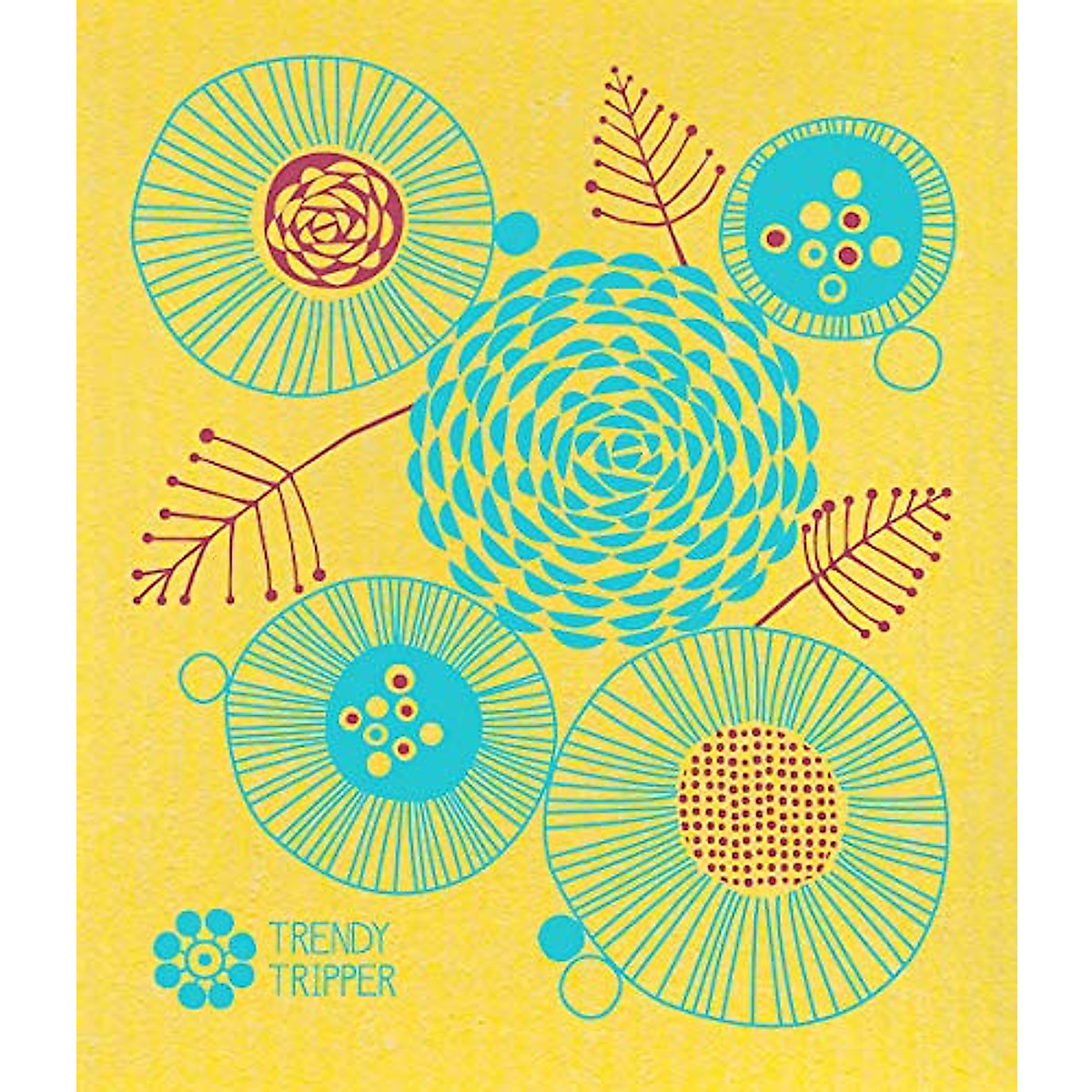 Trendy Tripper Jenn Ski Reusable Swedish Dishcloths/Sponge Cloth MID-Century Modern Abstract Designs Set of 4 (4-Pk MCM Floral Turquoise/Red)