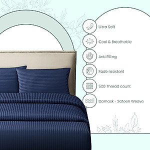 Feather & Stitch 500 TC Twin Size Damask Bed Sheet Set, 100% Cotton Soft Breathable Bedsheets, 3 Piece 18" Deep Pockets Sateen Weave Striped Bedding Mattress Resort Hotel Luxury- (Dark Blue, Twin)