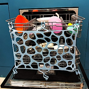 REVEX Dishwasher Net, 9.8"x14.5" Silicone Dishwasher Net For Small Items, 6 Adjustable Hooks to Cover Plastic Bowls,Baby Bottle and Cups to Avoid Tipping Over, Suitable for All Dishwashers (Blue)