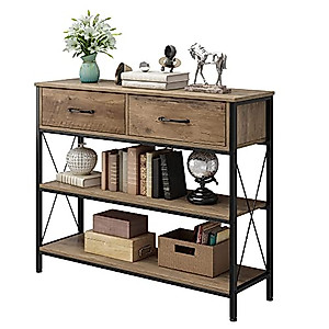 URKNO Console Table with Drawers, Rustic Hallway Table with Storage Shelves, Narrow Long Sofa Entryway Table for Living Room, Metal Frame, Rustic Brown