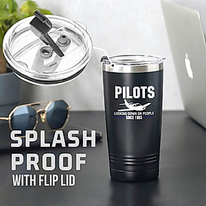 Onebttl Pilot Gifts For Men, Male, Him - Pilot Looking Down on People Since 1903-20oz/590ml Stainless Steel Insulated Tumbler with Lid, Message Card - Aviation, Airplane Gifts for Aviator - (Black)