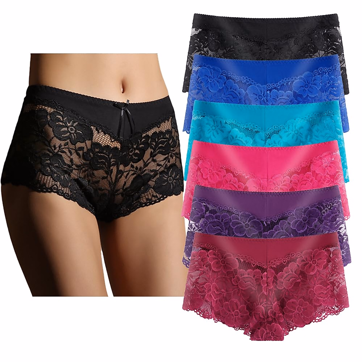 YaoKing Women's Underwear Regular & Plus Size Panties Lace Boyshort Hipster Cheeky Panty- 6 Pack (6 Pack-9144, M)