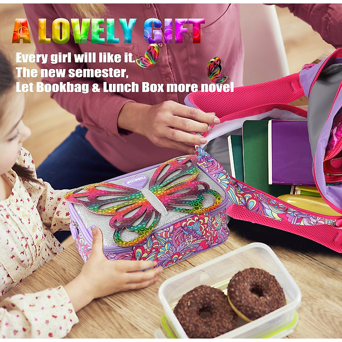 LSSAGOON Butterfly Wings Sequins Backpack with Lunch Bag for Girls Kids Teenage,Lightweight School Bag Set for Elementary Preschool Bookbag, Casual Rucksack for Travel Gift