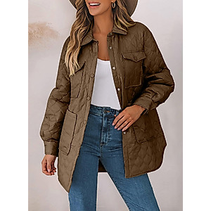 EVALESS Diamond Quilted Jackets for Women Lightweight Collar Long Sleeve Button Down Puffer Jacket Fall 2024 Coat Outerwear with Pockets Brown Medium