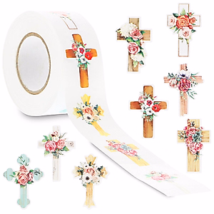 Faithful Finds 500 Piece Floral Cross Stickers, Christian Cross Stickers for Scrapbooking, Religious Stickers Roll with 8 Floral Design, Mini Catholic Cross Stickers for Crafts and Cards, 1 x 1.5 Inch