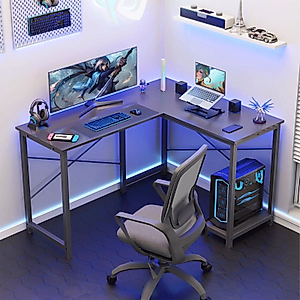 L-Shaped Wooden PC Desk for Gaming and Work - 50 Inch Writing Space-Saving Corner Table with CPU Storage Shelf, Side Bag, Home, Office, Black