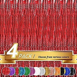 BTSD-home Red Foil Fringe Curtain, Metallic Photo Booth Backdrop Tinsel Door Curtains for Wedding Birthday Bridal Shower Baby Shower Bachelorette Christmas Party Decorations(4 Pack, 8ft x 3ft)