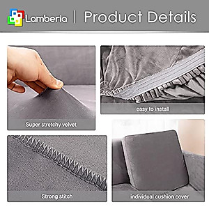 Lamberia High Stretch Sofa Cover for 3 Cushion Couch 4 Pieces Thick &Washable Plush Velvet Sofa Slipcover Couch Cover Furniture Protector for Dogs,Pets&Kids(Sofa-L,Silvergray)