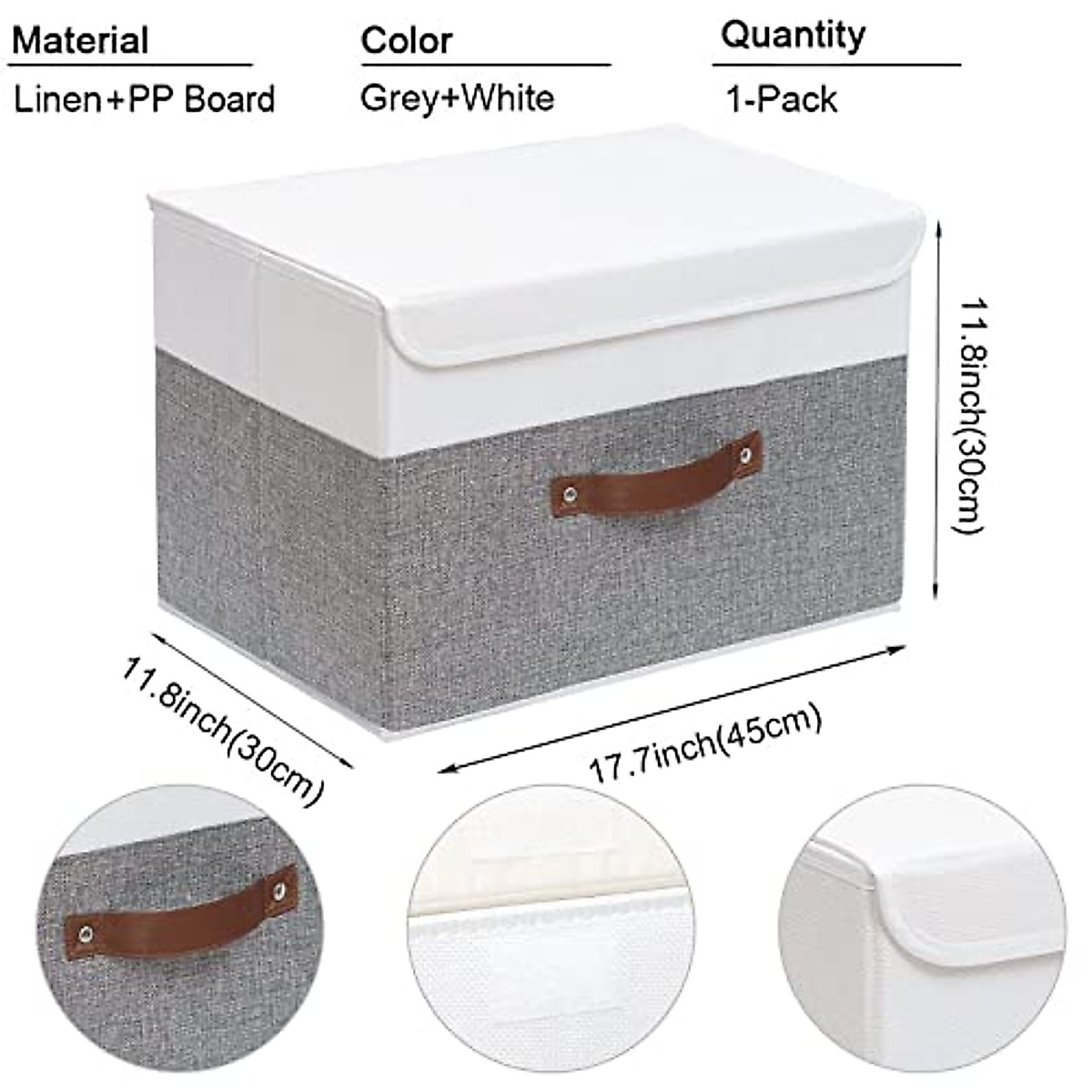 Yawinhe Collapsible Storage Boxes 1 Pack, Linen Fabric Storage Baskets Washable, with Lids and Leather Handle, for Home Bedroom Closet Office, (White/Grey, 17.7x11.8x11.8in), USNK024WGX-1
