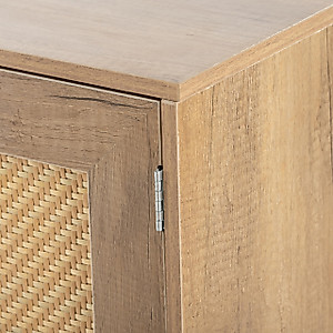 HESIEU Country Style Storage Cabinet with 2 Rattan Doors Natural Wood Sideboard Decorative Table Shoe Cabinet Office Cabinet with Metal Legs for Dining Room Kitchen Hallway Office