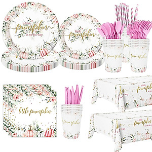 AIBIIN 192PCS Pumpkin Baby Shower Party Supplies Decorations for Girl Pink Little Pumpkin Baby Shower Disposable Tableware Set with Plates Napkins and Tablecloth Serves 24 Guests
