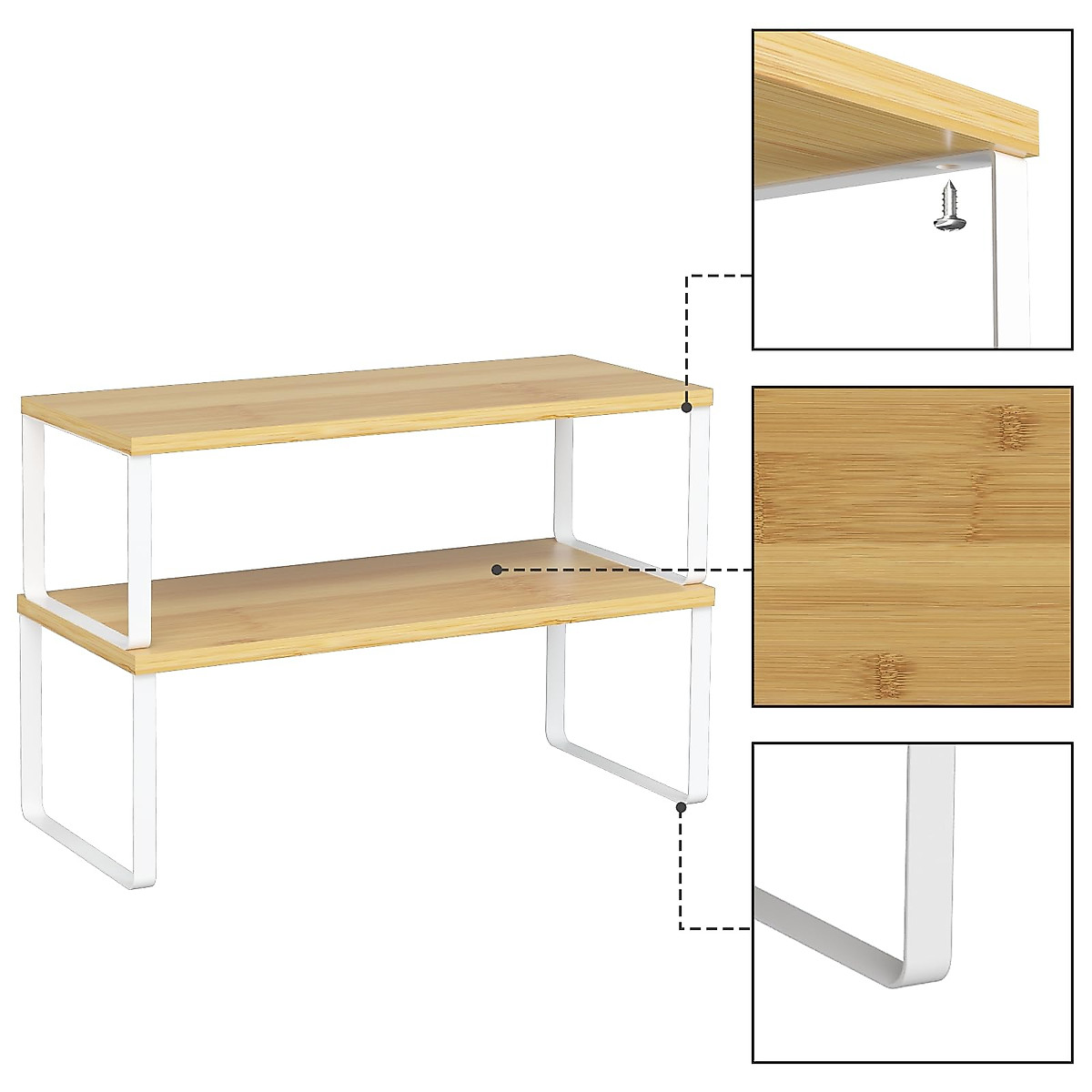 NEX Kitchen Cabinet and Counter Shelf Organizer, Stackable & Expandable, Set of 4, White and Natural - 7.7 x 15.6 x 6.2''