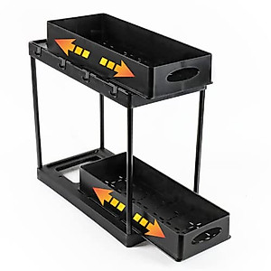 Under Sink Organizers and Storage Sliding - Multipurpose Double Sliding Cabinet Organizer for Bathroom or Kitchen Sink Organizer with 4 Hooks (Black)