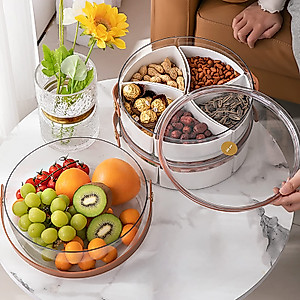 Clear Divided Serving Tray with Lid & Handle, Portable Round Plastic Veggie Tray, Platter Food Storage Container Box for Candy, Appetizer, Snack, Dried Fruit, Nuts, Vegetable, Party