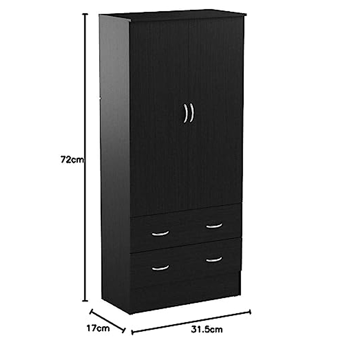 HODEDAH IMPORT Two Door Wardrobe, with Two Drawers, and Hanging Rod, Black