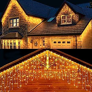 B-right Icicle Lights Outdoor, 32.8ft 480 LED Icicle Christmas Lights 60 Drops 8 Modes Waterproof Dimmable Curtain Lights with Remote Timer for Indoor Outdoor Eaves Garden Party Decor Warm White