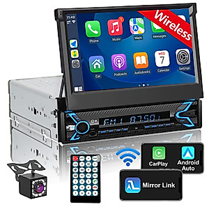 Wireless Carplay Single Din Touchscreen Car Stereo with Wireless Android Auto, 7 Inch Flip Out Screen Car Radio with Bluetooth, Flip Up Car Audio Receivers with Camera, SWC, FM/USB/AUX/TF/Subwoofer