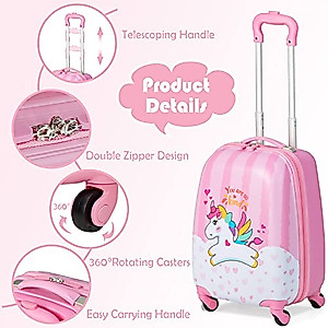 BABY JOY 2 Pcs Kids Luggage Set, 16" Toddlers Carry-on Suitcase & 12" Backpack Set, Children Travelling Case w/ 4 Casters, Retractable Handle, Lightweight Trolley Case for Boys Girls (Lovely Unicorn)