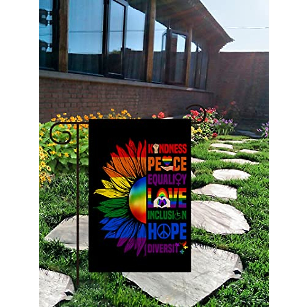 Sunflower Pride Flag Kindness Peace Equality Love Inclusion Hope Diversity Garden Flag 12x18 Vertical Double Sided Be Kind Yard Sign LGBT Community Outdoor Spring Summer Fall Winter Decorations
