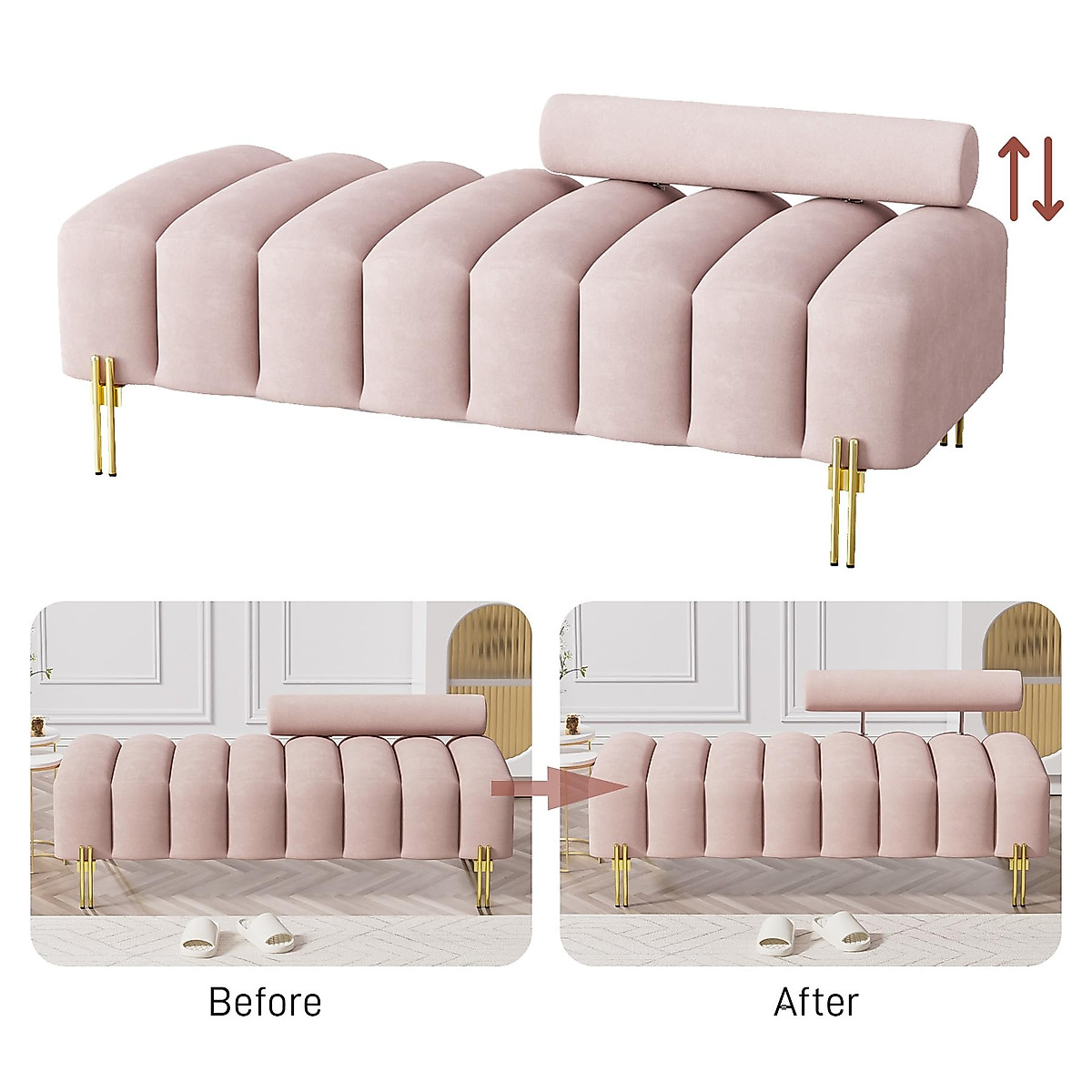 Nolohoo Small Loveseat Sofa Couch, 52.2" Modern Velvet Mini Couch for Bedroom with Golden Legs, Upholstered Settee Bench with Adjustable Back for Living Room Office Compact Small Space, Pink