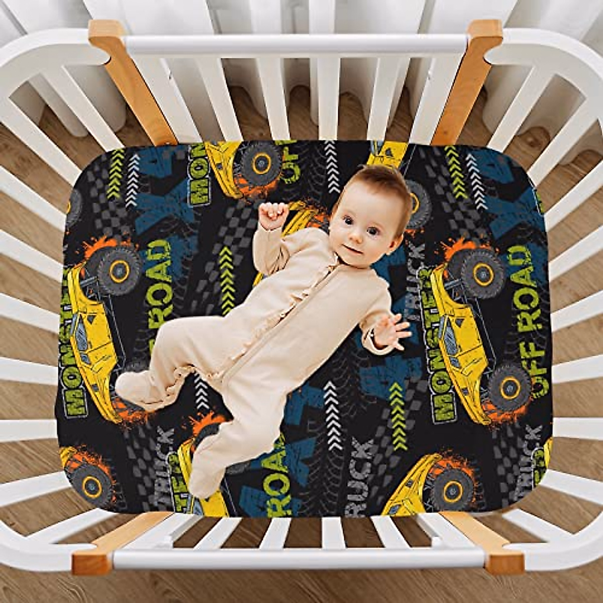 Truck Car Trace of Tire Baby Crib Sheets - Fitted Crib Sheet, Boys & Girls Cotton Crib Sheet for Standard Crib and Toddler Mattresses - S
